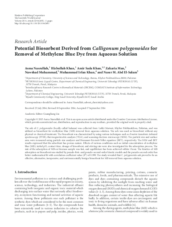 (PDF) Potential Biosorbent Derived from Calligonum polygonoides for Removal of Methylene Blue ...