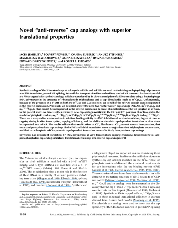(PDF) Novel "anti-reverse" cap analogs with superior translational ...