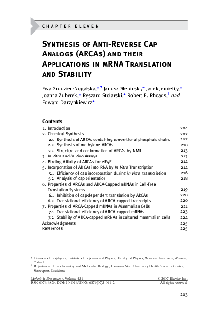 (PDF) Synthesis of Anti-Reverse Cap Analogs (ARCAs) and their ...