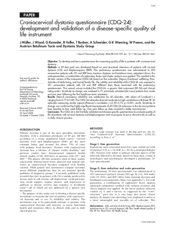 (PDF) Craniocervical dystonia questionnaire (CDQ-24): development and validation of a disease ...