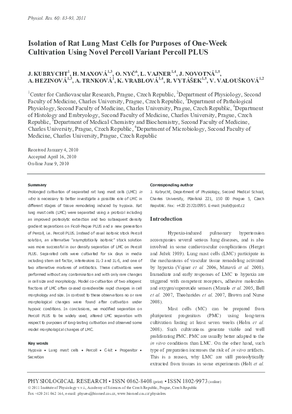 (PDF) Isolation of rat lung mast cells for purposes of one-week cultivation using novel Percoll ...