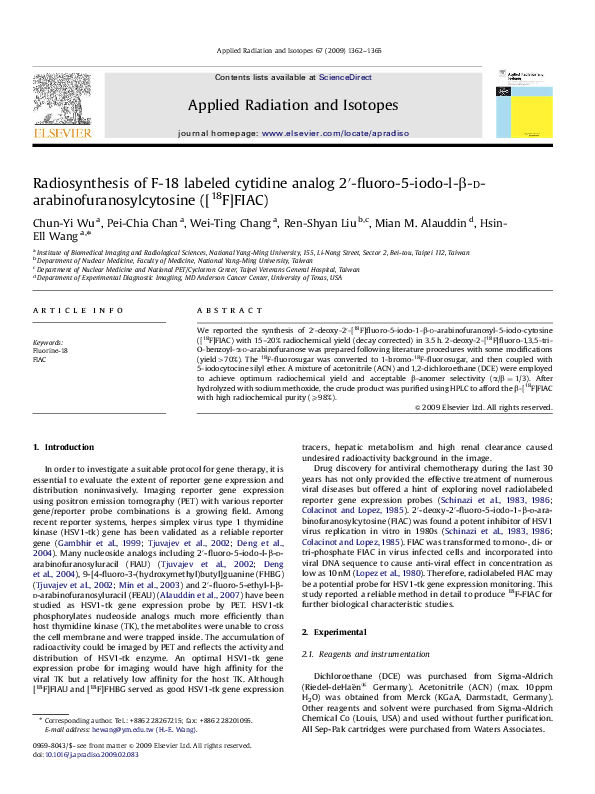 (PDF) Radiosynthesis of F-18 labeled cytidine analog 2′-fluoro-5-iodo-l ...