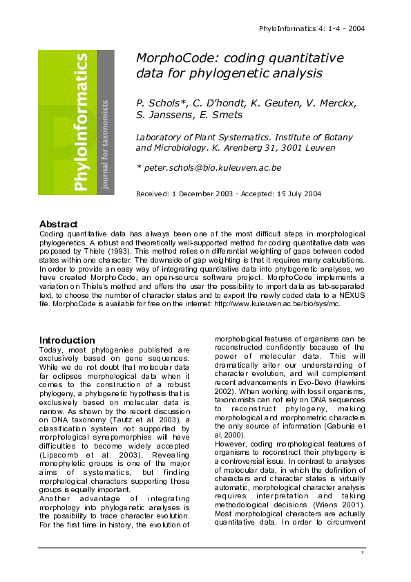 (PDF) MorphoCode: coding quantitative data for phylogenetic analysis
