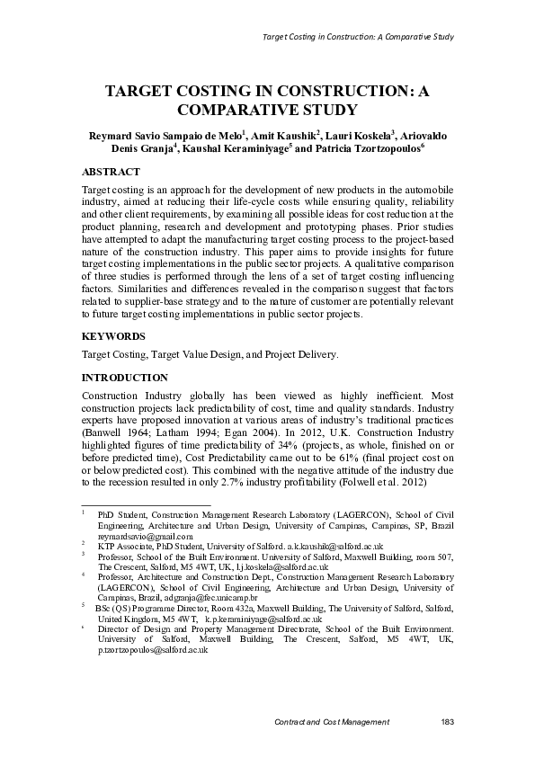 (PDF) Target costing in construction: a comparative study