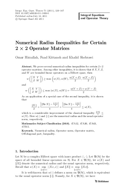 (PDF) Numerical Radius Inequalities for Certain 2 × 2 Operator Matrices