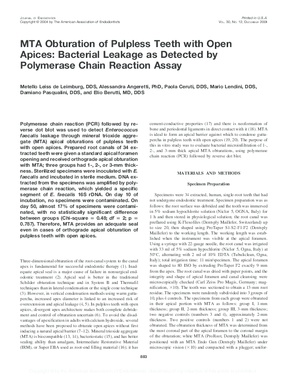 (PDF) MTA Obturation of Pulpless Teeth with Open Apices: Bacterial ...