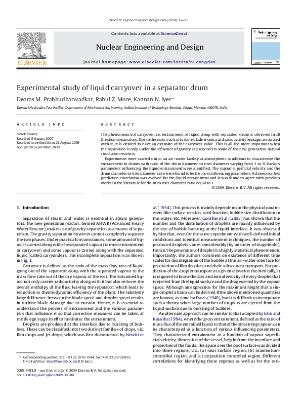 (PDF) Experimental study of liquid carryover in a separator drum