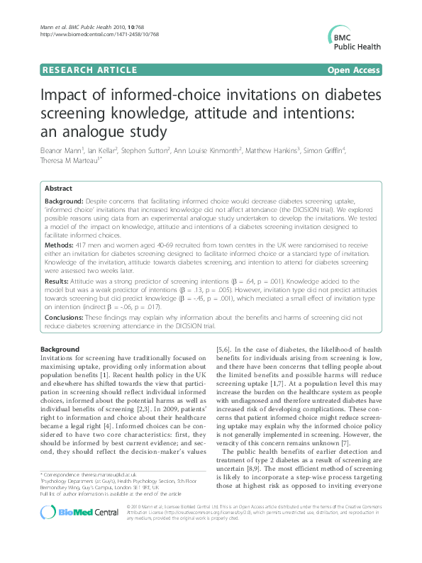 (PDF) Impact of informed-choice invitations on diabetes screening ...