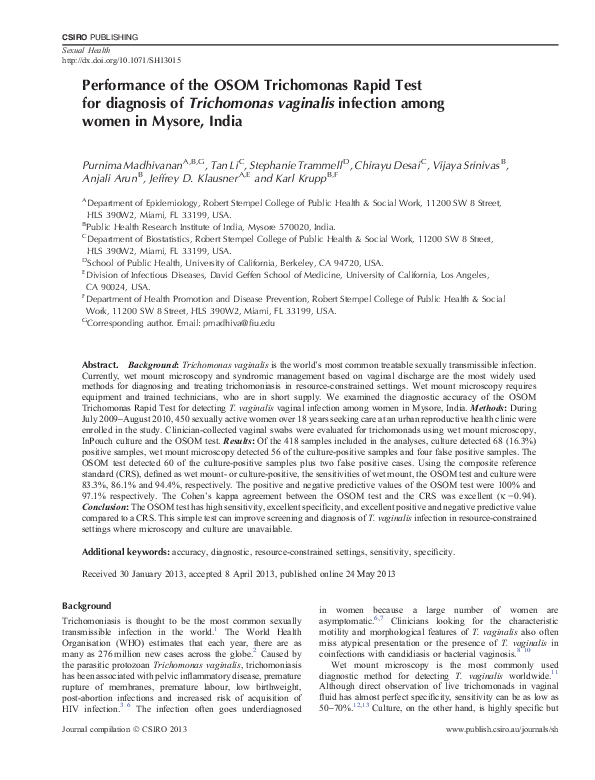 (PDF) Performance of the OSOM Trichomonas Rapid Test for diagnosis of ...