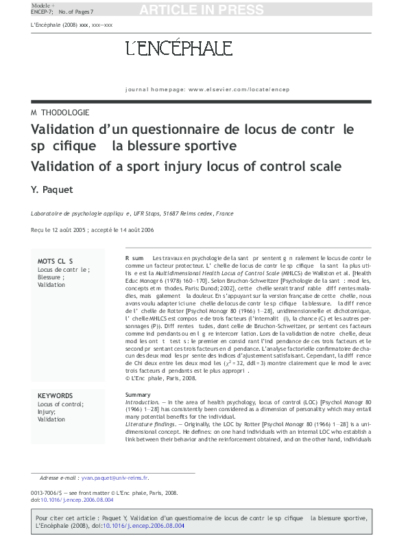 (PDF) Validation of a sport injury locus of control scale