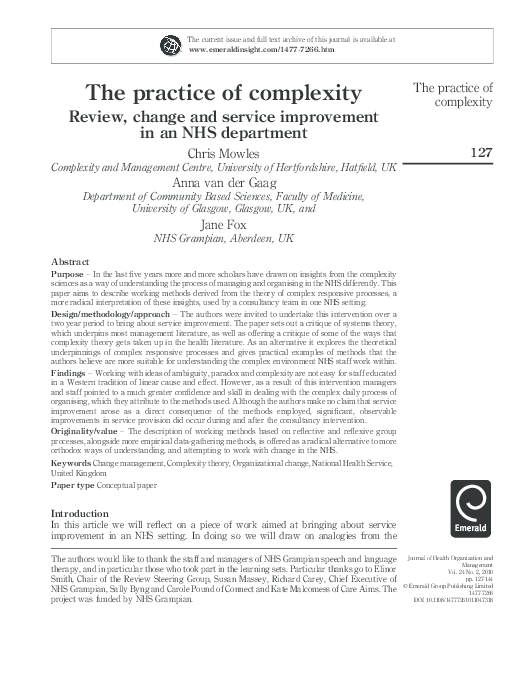 (PDF) The practice of complexity: review, change and service ...