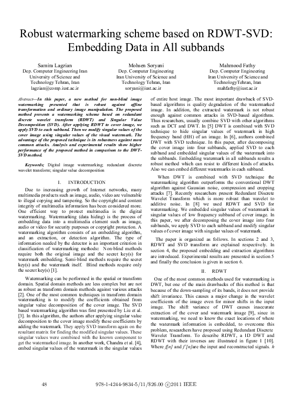 Pdf Robust Watermarking Scheme Based On Rdwt Svd Embedding Data In