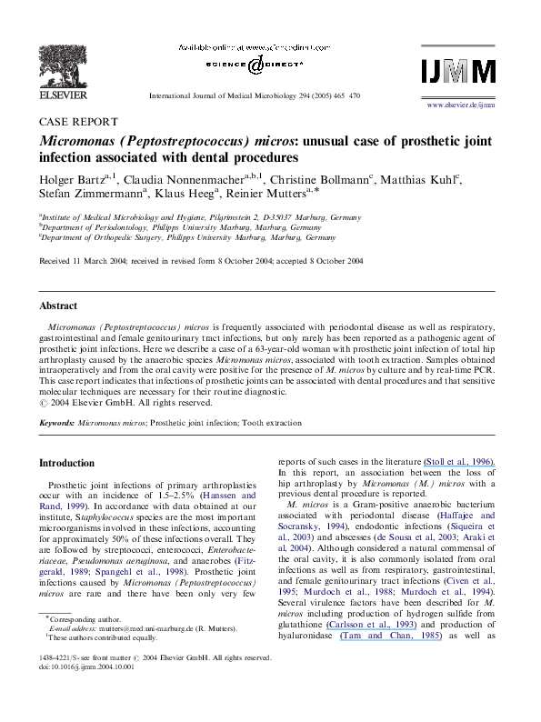 (PDF) Micromonas (Peptostreptococcus) micros : unusual case of ...