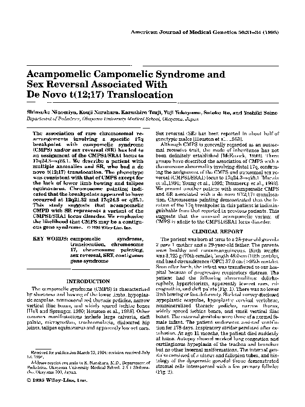 (PDF) Acampomelic campomelic syndrome and sex reversal associated with de novo t(12;17 ...