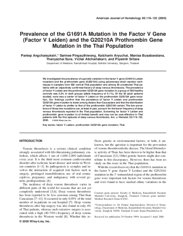(PDF) Prevalence of the G1691A mutation in the factor V gene (factor V ...