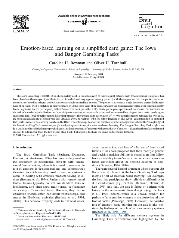 (PDF) Emotion-based learning on a simplified card game: The Iowa and ...