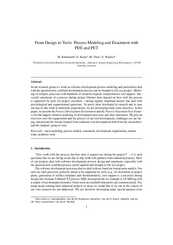 (PDF) From Design to Tools: Process Modeling and Enactment with PDE and PET