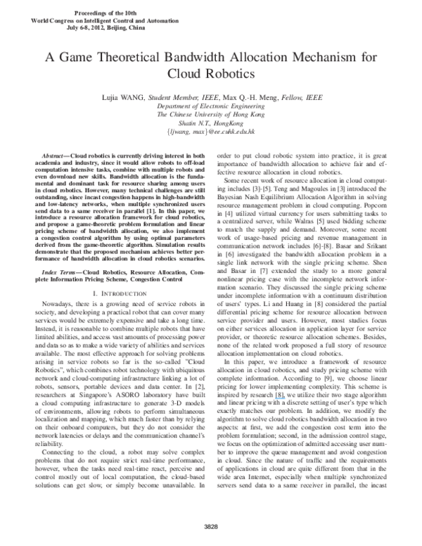 (PDF) A game theoretical bandwidth allocation mechanism for cloud robotics