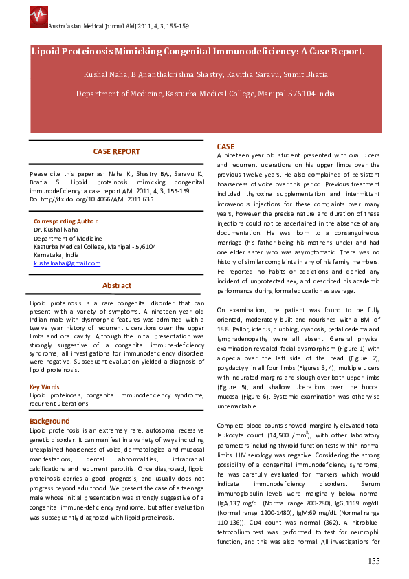 (PDF) Lipoid Proteinosis Mimicking Congenital Immunodeficiency: A Case ...