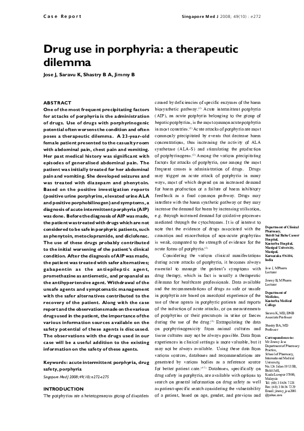(PDF) Drug use in porphyria: a therapeutic dilemma