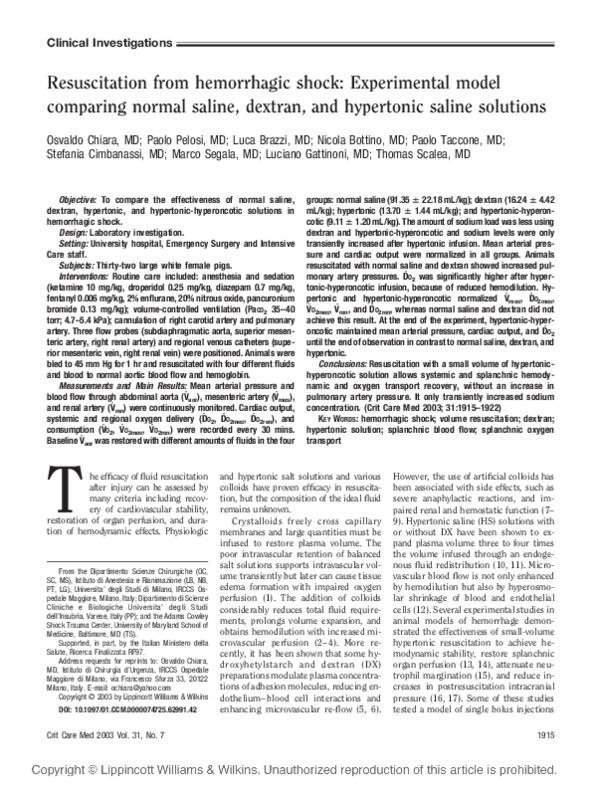 (PDF) Resuscitation from hemorrhagic shock: Experimental model comparing normal saline, dextran ...