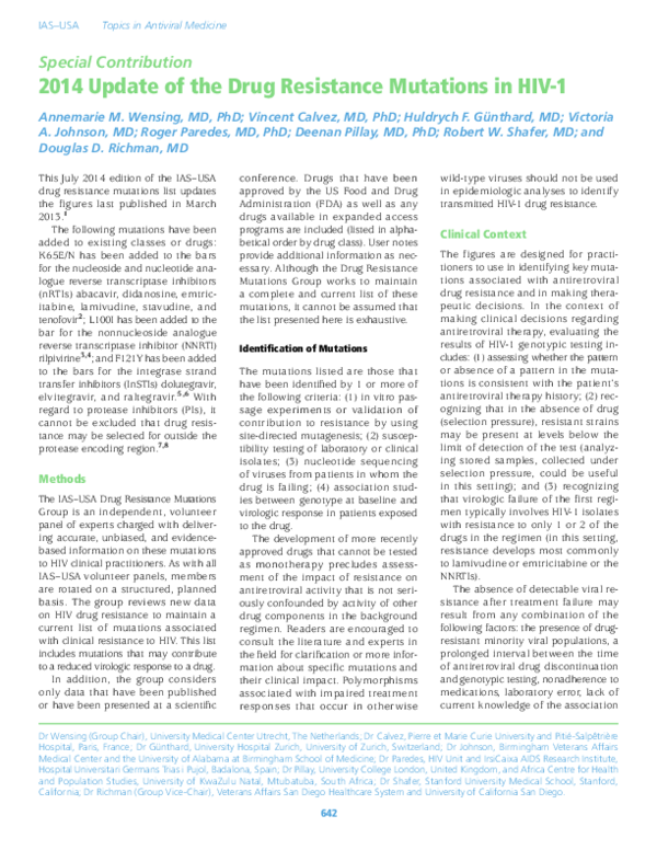 (PDF) 2014 Update of the drug resistance mutations in HIV-1