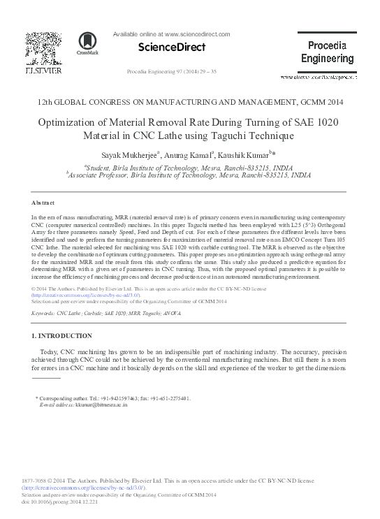 (PDF) Optimization of Material Removal Rate During Turning of SAE 1020 Material in CNC Lathe ...