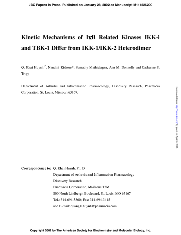 (PDF) Kinetic Mechanisms of Ikappa B-related Kinases (IKK) Inducible IKK and TBK-1 Differ from ...