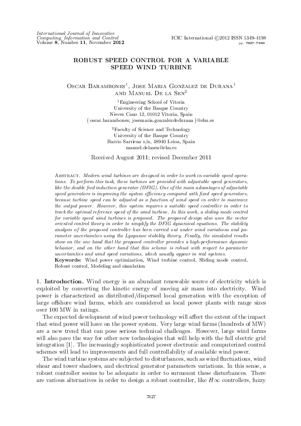 (PDF) Robust speed control for a variable speed wind turbine