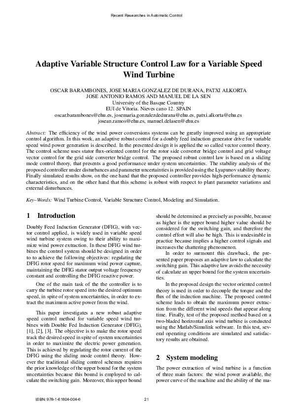 Pdf Adaptive Variable Structure Control Law For A Variable Speed Wind