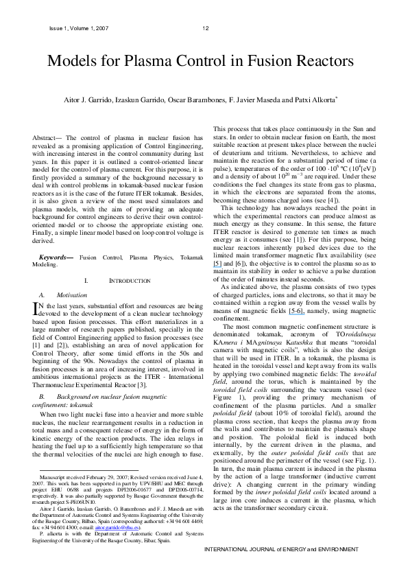 (PDF) Models for Plasma Control in Fusion Reactors