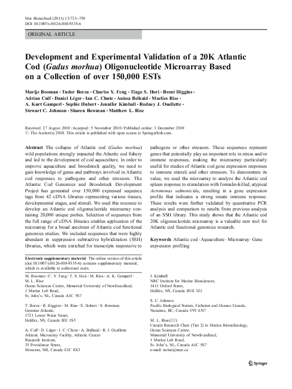 (PDF) Development and Experimental Validation of a 20K Atlantic Cod (Gadus morhua ...