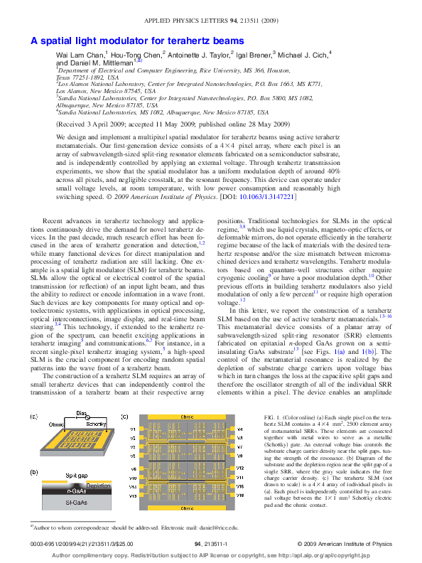 (PDF) A spatial light modulator for terahertz beams