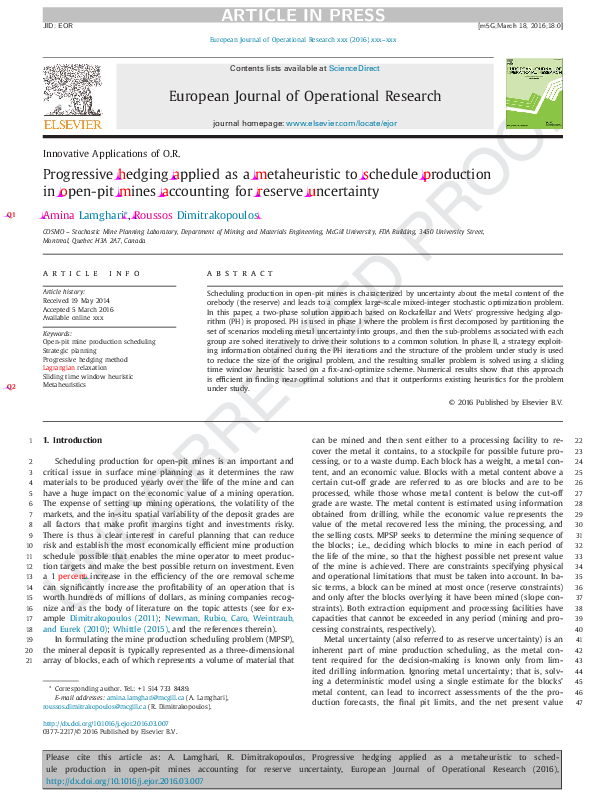 (PDF) Progressive hedging applied as a metaheuristic to schedule production in open-pit mines a ...
