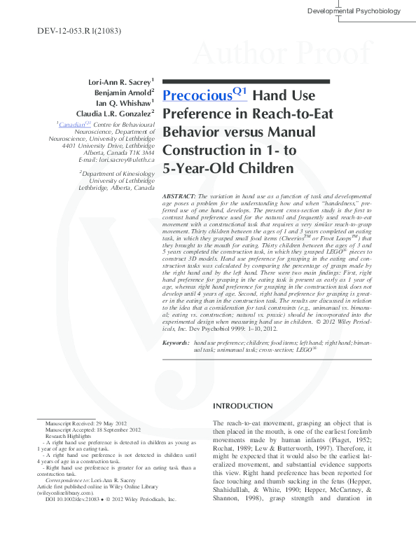 (PDF) Precocious hand use preference in reach-to-eat behavior versus ...