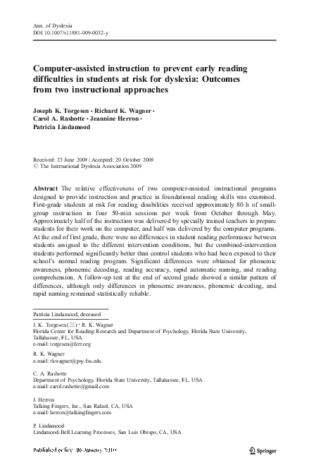 (PDF) Computer-assisted instruction to prevent early reading ...