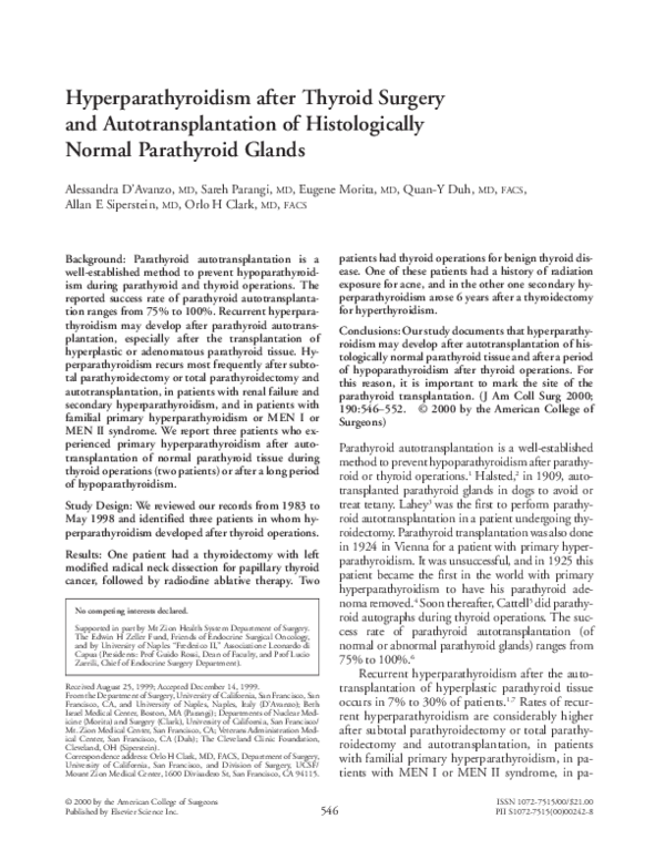 (PDF) Hyperparathyroidism after thyroid surgery and autotransplantation ...