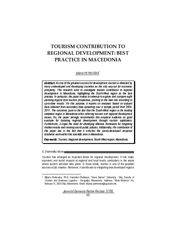 (PDF) Tourism contribution to regional development: best practice in ...