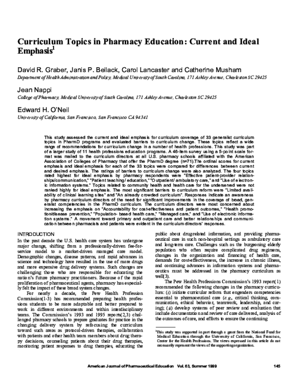 (PDF) Curriculum topics in pharmacy education: current and ideal emphasis