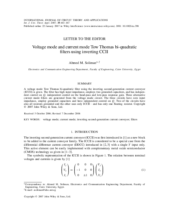 (PDF) Voltage mode and current mode Tow Thomas bi-quadratic filters using inverting CCII