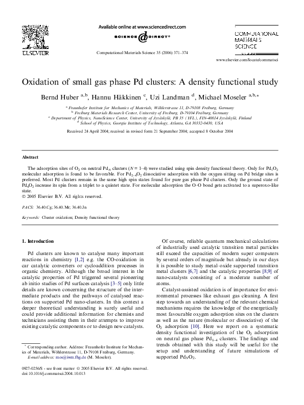 (PDF) Oxidation of small gas phase Pd clusters: A density functional study