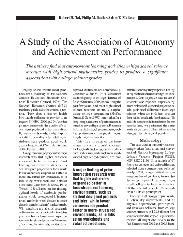(PDF) A Study of the Association of Autonomy and Achievement on Performance