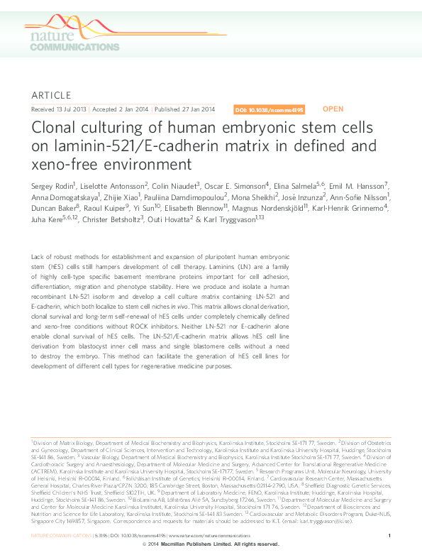 (PDF) Clonal culturing of human embryonic stem cells on laminin-521/E ...