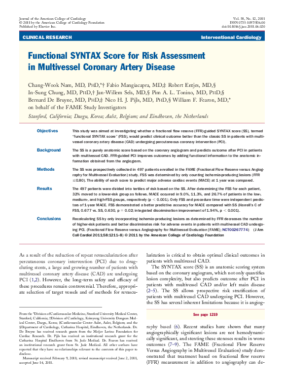 (PDF) Functional SYNTAX Score for Risk Assessment in Multivessel ...