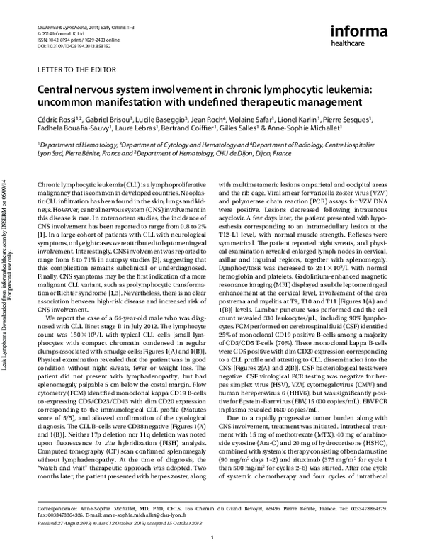 (PDF) Central nervous system involvement in chronic lymphocytic leukemia: uncommon manifestation ...