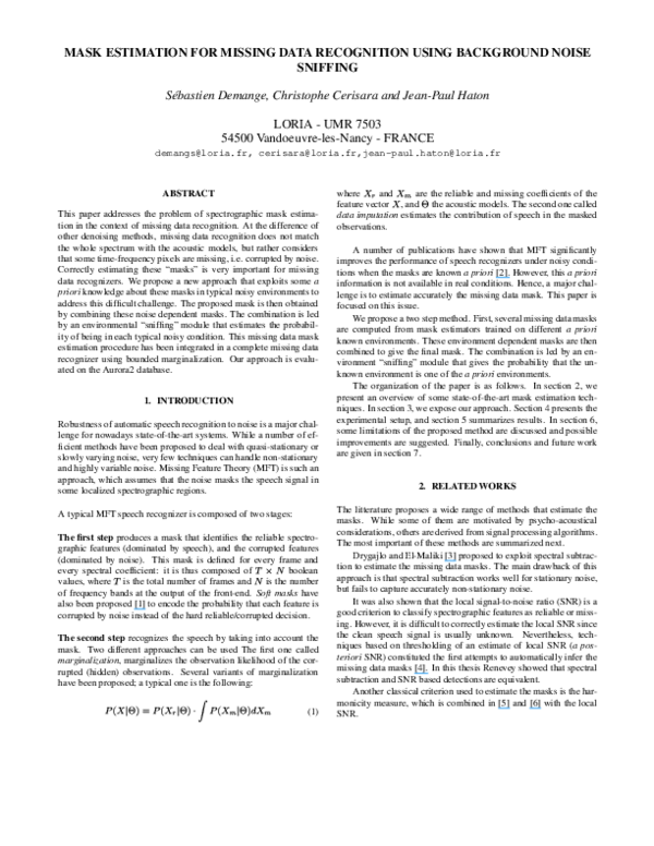 Pdf Mask Estimation For Missing Data Recognition Using Background