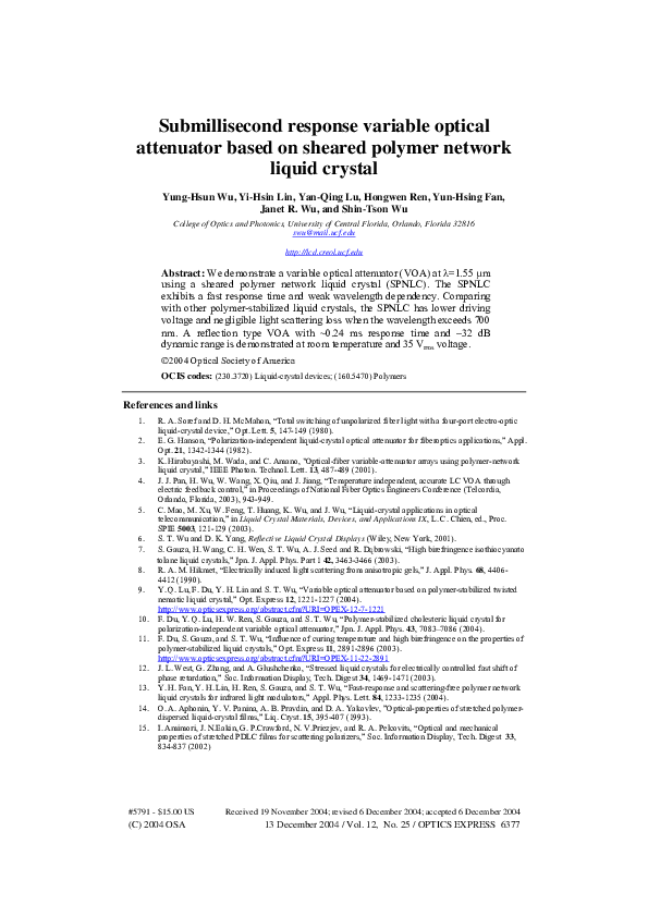 (PDF) Submillisecond response variable optical attenuator based on sheared polymer network ...
