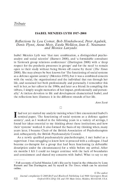 (PDF) ISABEL MENZIES LYTH 1917–2008