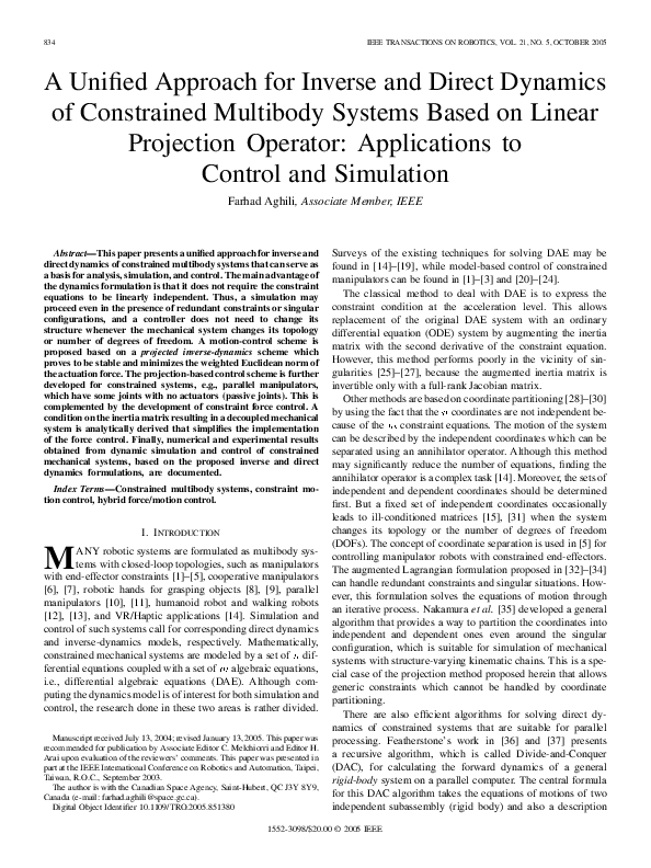 Pdf A Unified Approach For Inverse And Direct Dynamics Of Constrained Multibody Systems Based