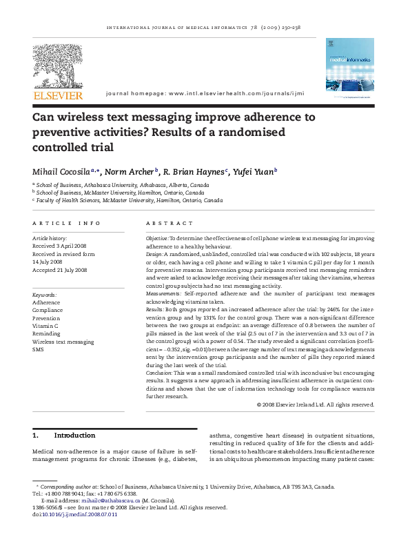 Pdf Wireless Text Messaging To Enhance Preventive Activity Adherence